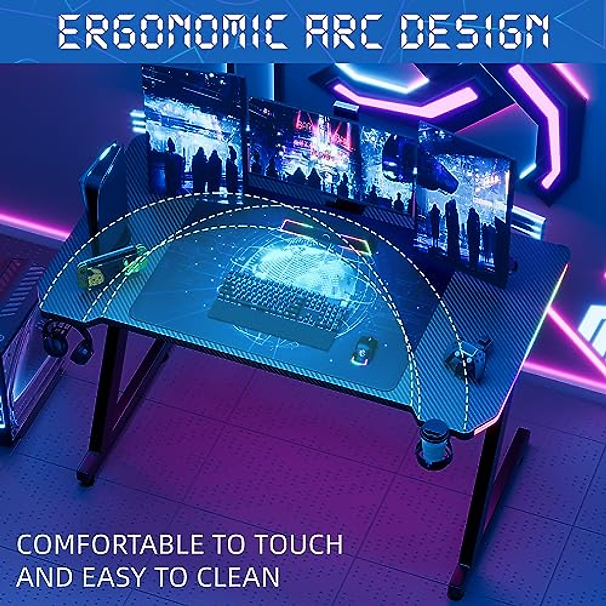 Kemon Gaming Desk with LED Lights, Z Shaped PC Gaming Table Computer Desk Ergonomic Home Office Desks, Carbon Fibre Surface Gamer Workstation with Mouse Pad, Cup Holder and Headphone Hook (63 inch)