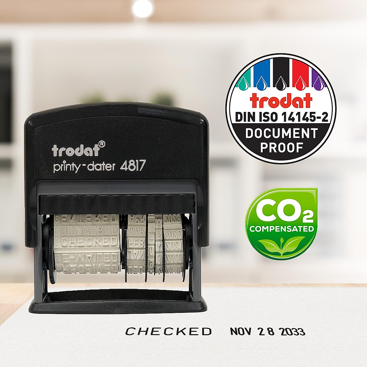 Trodat Printy 4817 Economy Dial-A-Phrase, 12 Popular Office Messages, Month in Letters, Day and Year in Numbers, Rubber Date Stamp – Self Inking Black Ink