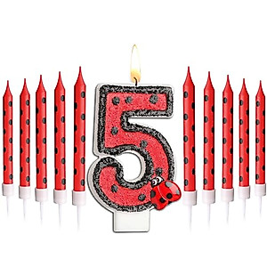 Herdear Ladybug Number 1-9 Birthday Cake Candle Numeral Birthday Candles Birthday Decorations Black Red Polka Dots Ladybird Dots Ladybug Theme Candles for Birthday Party Baby Shower (Number 5)