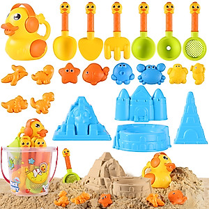 FENYAN Beach Toys for Kids, 22Pcs Toddler Sand Toys Includes Beach Bucket, Sand Castle Kit, Duck-Shape Watering Can, Sand Spade, Shovel, Rake, Sieve, Dinosaur Sand Molds for Preschool Boys Girls