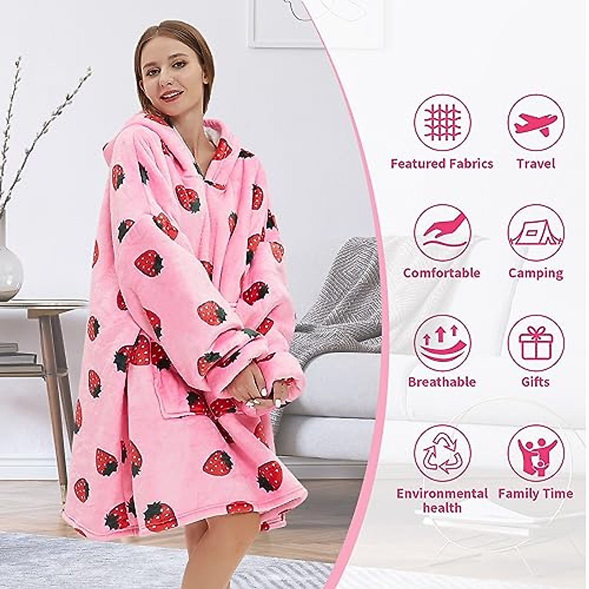 Fiosnow Strawberry Blanket Hoodies for Women and Men Adult Oversize Wearable Blanket Hoodies for Soft and Warm