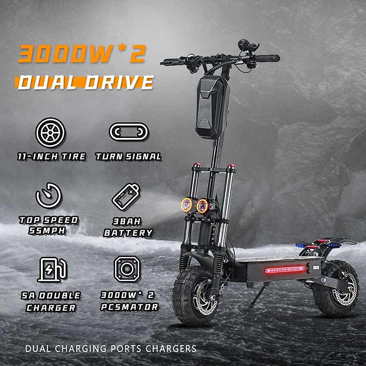 ANDBEE Electric Scooter 6000W High Power Dual Drive Motor,Top Speed 55 MPH,60V38AH Long Range Battery Up to 65 Miles 11'' Off-Road Tires Adult Electric Scooter with Detachable Seat,black,(AB1)