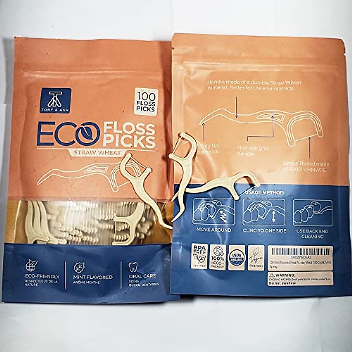 100 Mint Flavored Floss Picks | BPA Free, Eco-Friendly for Adults and Kids | Very Durable Sustainable Straw Wheat (100 Count, Mint)