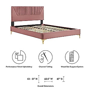 Modway Yasmine Channel Tufted Performance Velvet Twin Platform Bed in Dusty Rose