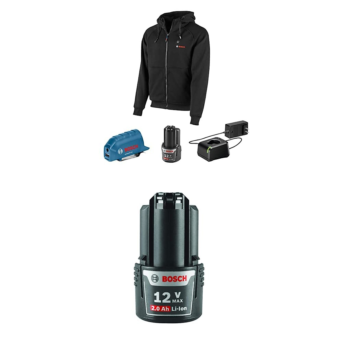 Bosch GHH12V-20XLN12 12V Max Heated Hoodie Kit with Portable Power Adapter - Size Xlarge, Black & Bosch BAT414 12-Volt Max Lithium-Ion 2.0Ah High Capacity Battery