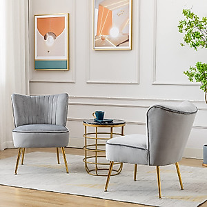 DUOMAY Modern Accent Chair Set of 2 Velvet Slipper Chair with Gold Legs Wingback Side Chair for Living Room Bedroom Entryway Small Corner Chair for Space Saving, Grey