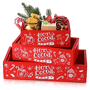Sliner 3 Pcs Christmas Hot Cocoa Bar Wood Storage Box Rustic Farmhouse Wooden Storage Bins Decorative Wooden Basket Bins Xmas Wood Crate Organizer for Kitchen Office Bathroom Laundry Farmhouse Gift