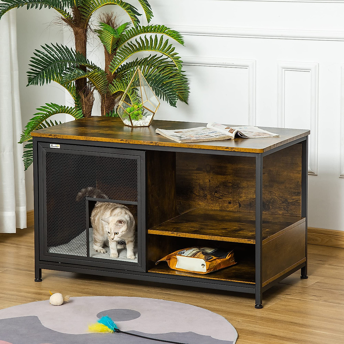PawHut Cat Kennel, Furniture Style Dog Cage, Wood & Steel End Table Pet House with Cushion and Sliding Doors, Rustic Brown