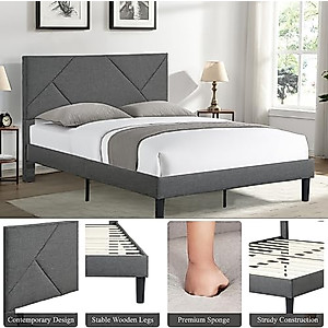 Queen Size Upholstered Platform Bed Frame with Linen Soft Headboard and Wooden Slats Support, No Box Spring Needed for Boys Girls Teens Adults, Non-Slip and Noise-Free, Under Bed Storage (Queen)