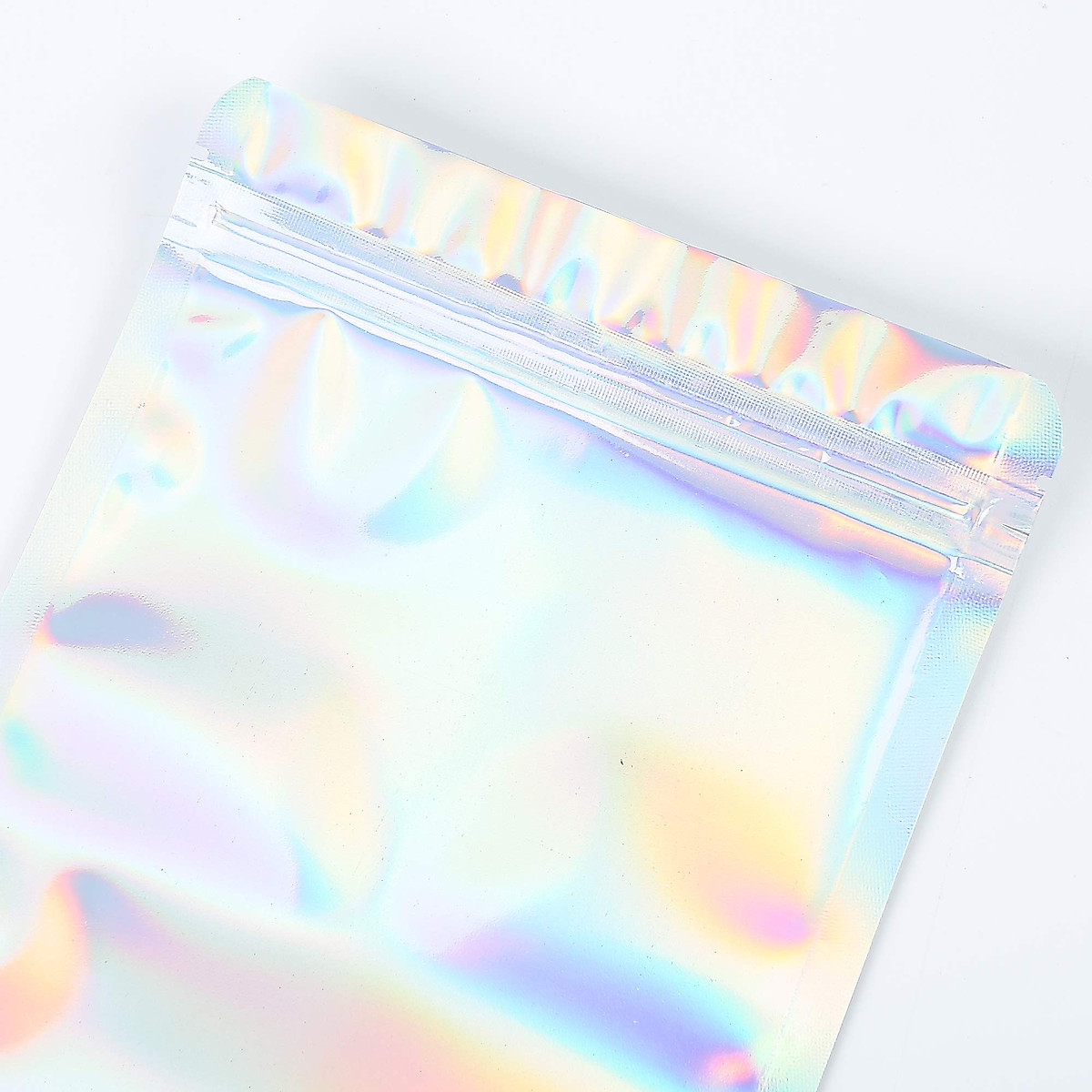 QQ Studio Pack of 100 Windowed or Double Sided Holographic Stand Up Packaging Bags with QuickQlick™ Seal for Food and Snacks (Double-Sided Silver Base Hologram, 16x24cm (6.3x9.4"))