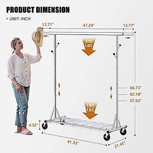 Gewudraw Heavy Duty Clothes Rack Load 480 LBS Metal Garment Rack Hang 200 pieces of clothing on Wheels Collapsible Rolling Portable & Adjustable Clothing Rack with Hook for Hanging Clothes