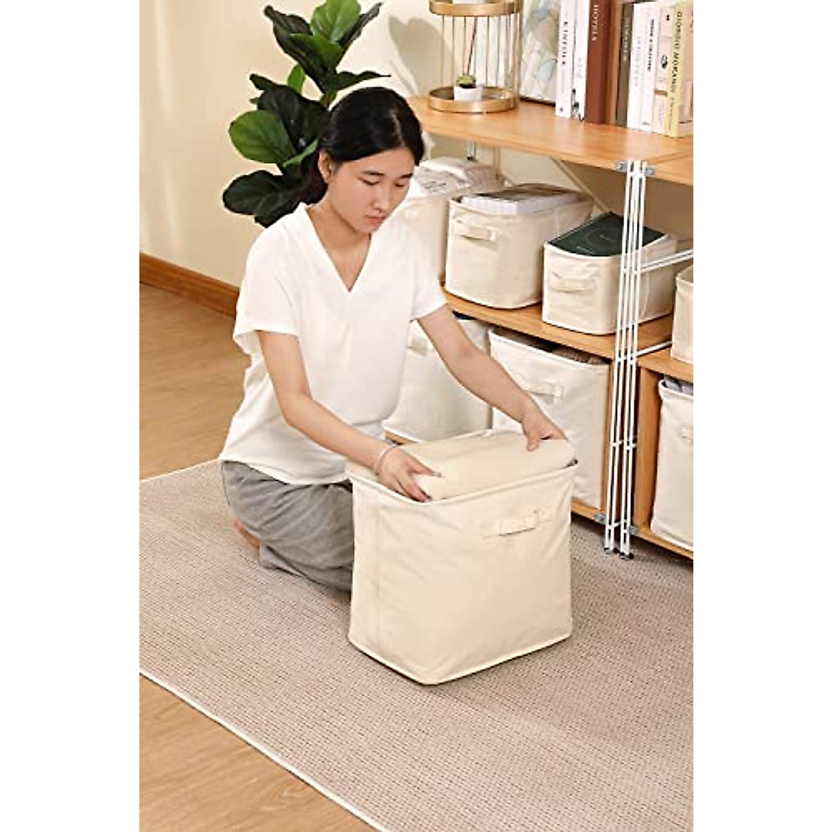 YONBEN Decorative Basket Rectangular Fabric Storage Bin Organizer Basket with Handles for Clothes Storage (14.5 x 10.2 x 6.2, Beige)