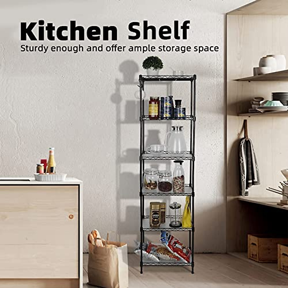 Best 6-Tier Wire Shelving - Black - Heavy Duty Shelf - Kitchen Storage Shelves, Wire Shelving Unit with Baskets Storage Rack Corner Shelf Shelving Adjustable Storage Shelf, 11.8" D x 15.7" W x 59" H