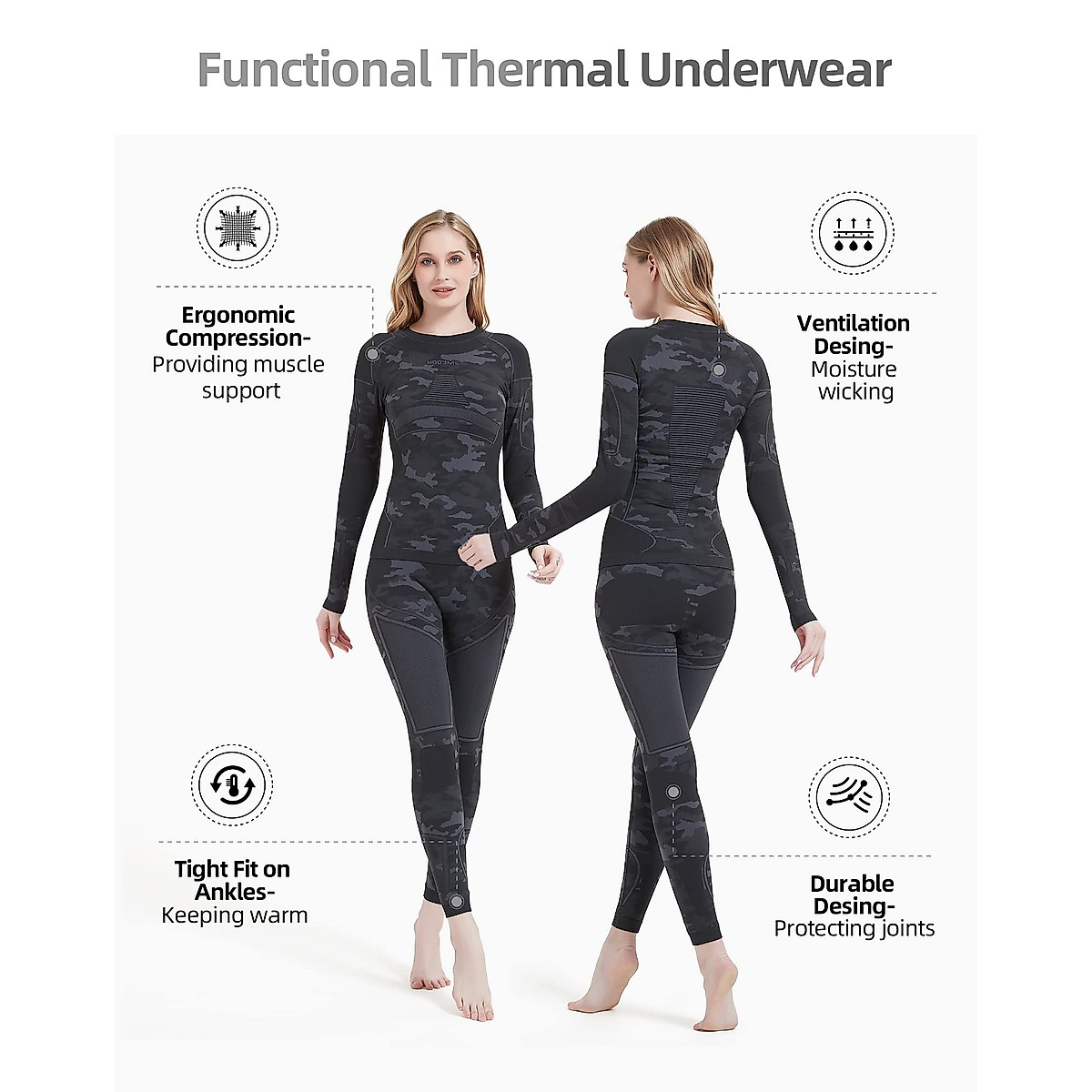 NOOYME Thermal Underwear for Women Long Johns for Women, Base Layer Women Camouflage