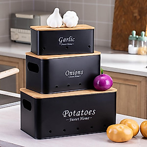 Simcat Kitchen Vegetable Storage Tins Set of 3, Potato Onion Garlic Kitchen Storage Canisters, Vegetable bin Keeper Containers with Aerating Holes and Wooden Lid (Black)