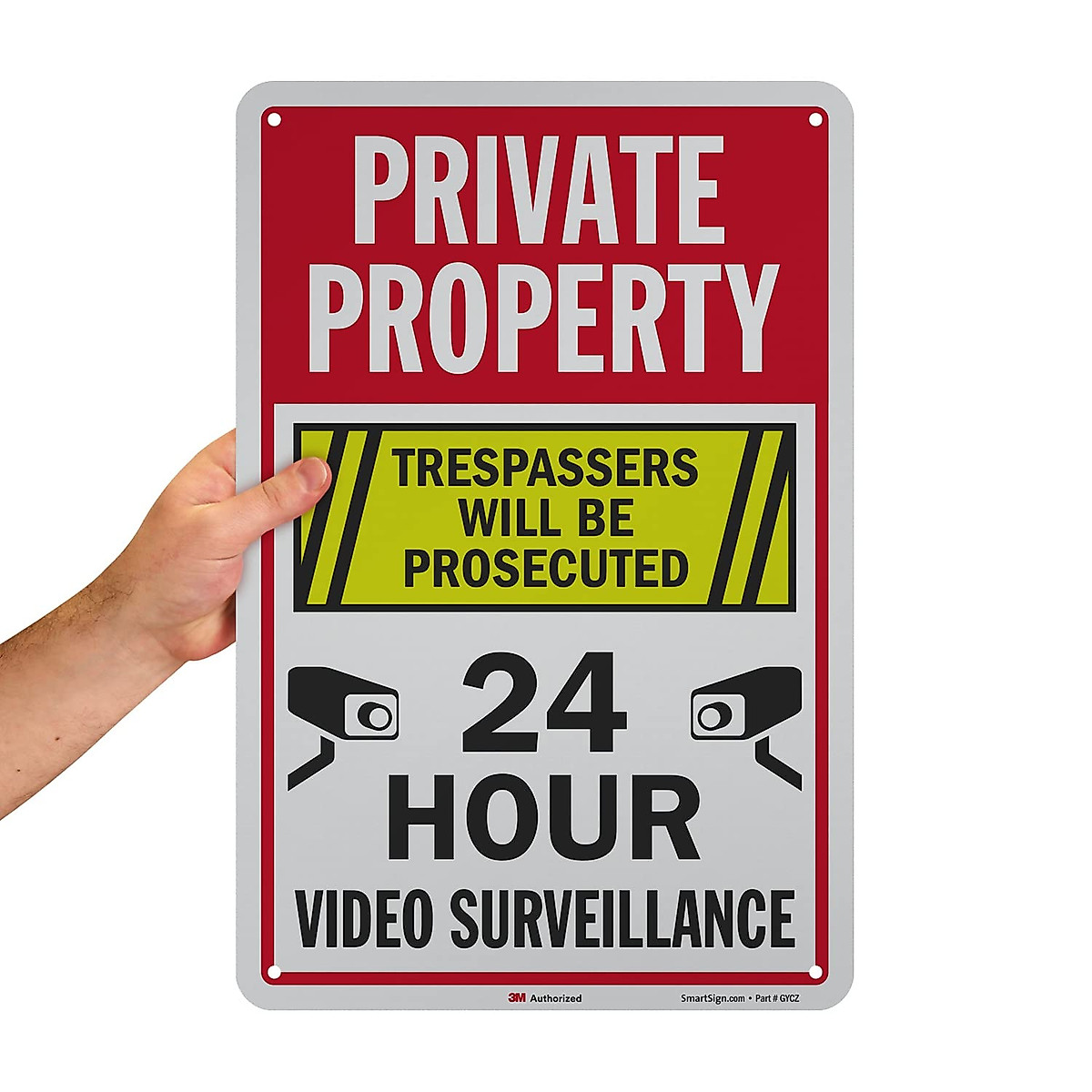 SmartSign 18 x 12 inch 'Private Property - Trespassers Will Be Prosecuted, 24 Hour Video Surveillance' Metal Sign, 63 mil Aluminum, 3M Laminated Engineer Grade Reflective Material, USA-Made
