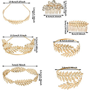 OFNMY 7 Pieces Greek Roman Laurel Leaf Bracelet Armband Golden Laurel Leaves Crown Tiara Costume Accessories Womens Leaf Headband Coil Bracelet Hair Comb Bridal Wedding