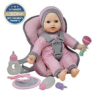 Doll Travel PlaySet - Baby Doll Car Seat Carrier Backpack with 12 Inch Soft Body Doll Includes Doll Bottles and Toy Accessories … (Caucasian)