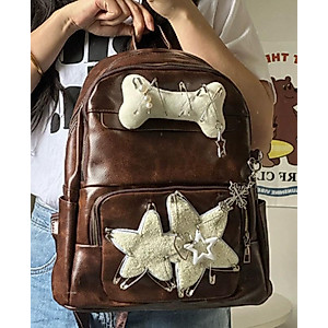 Hopecn Y2K Backpack With Accessories Star Aesthetic PU Goth Bookbag 90s Vintage Fashion Grunge Travel Daypack. (Star1-Brown1)