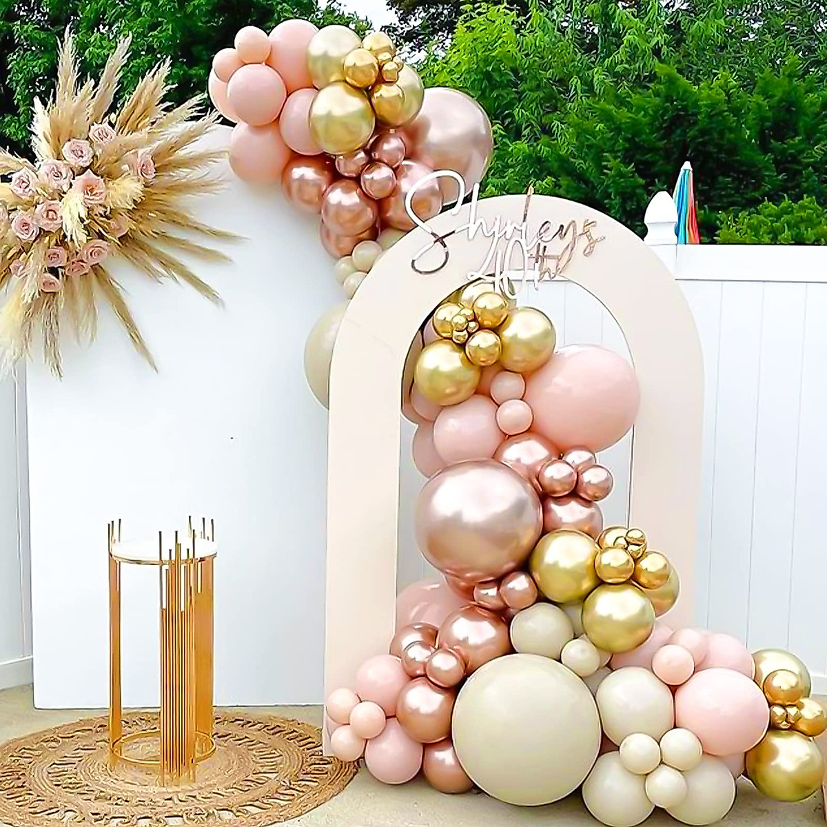 RUBFAC 143pcs Rose Gold Balloon Arch Kit Nude Pastel Pink Rose Gold Confetti Balloon Metallic Gold Balloon Garland for Baby Shower Birthday Wedding Bachelorette Party Decoration