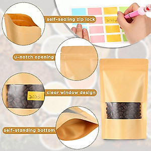 Ctosree 300 Pcs Kraft Pouch with Window Bulk Kraft Stand up Zipper Pouch 5 x 8 Inch Stand up Kraft Bags Kraft Zipper Pouch for Food Storage Reusable Heat Sealable Bag for Small Business Packaging Home