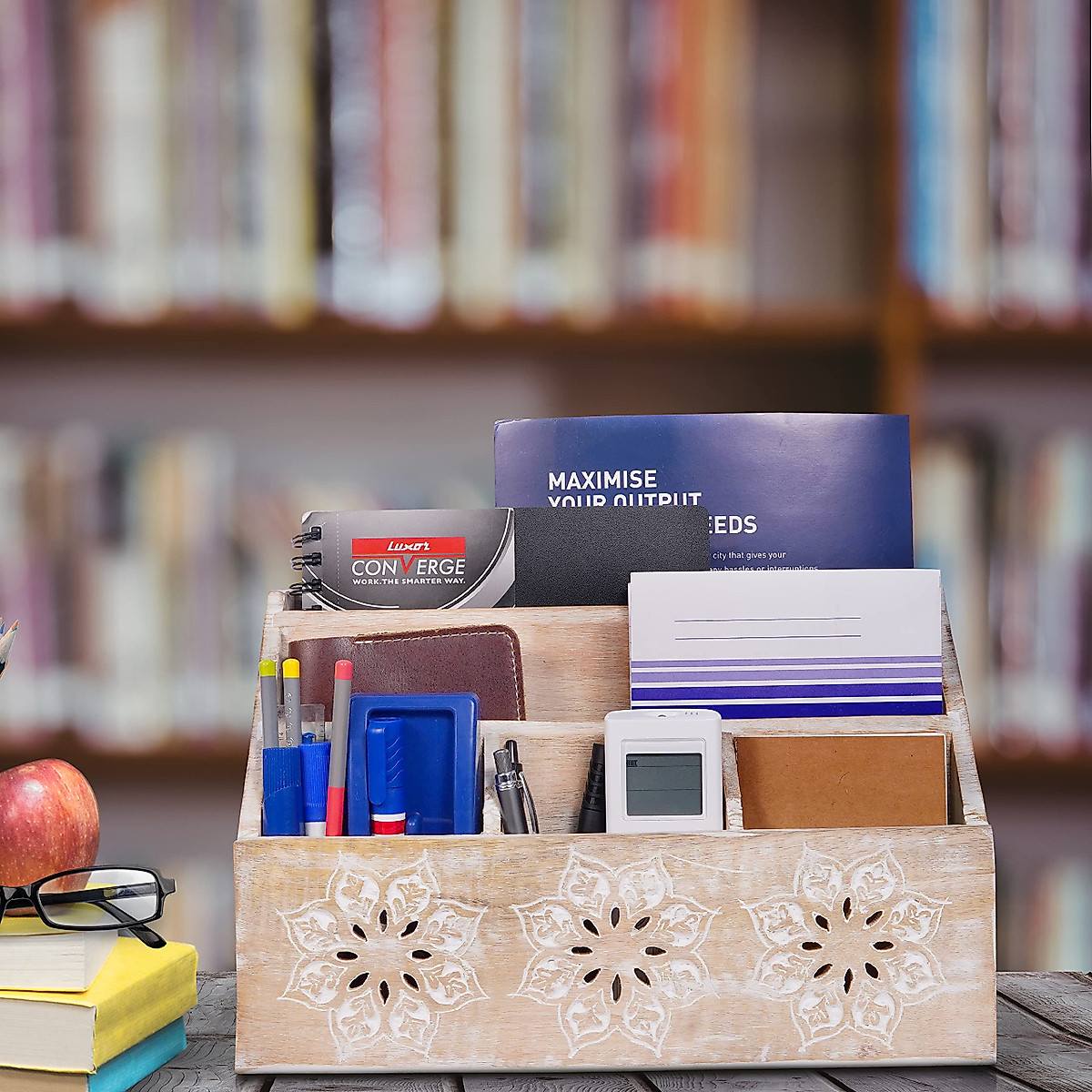 3-Slot Wooden Desk Organizer – Multi-Purpose Utensil Caddy for Kitchen Countertop, Work Desk, Bathroom, Cutlery Caddy, Pencil Caddy, Office Supplies Organizer – 13.75 Inches, Grey Over Natural/Black