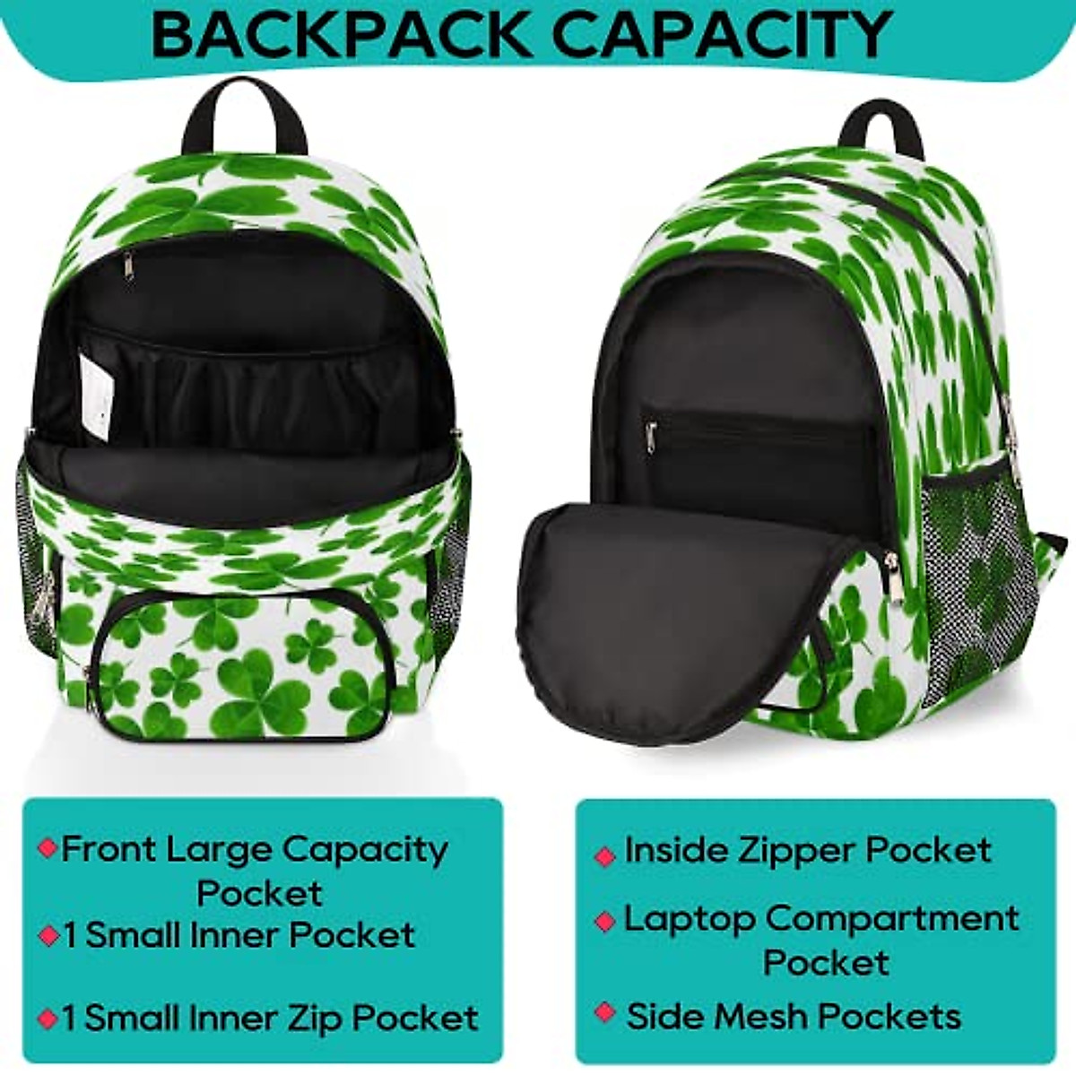 St. Patrick's Day Clover Bookbag School Backpack Teens Girls Boys Schoolbag Shoulder Computer Hiking Gym Travel Casual Travel Daypack