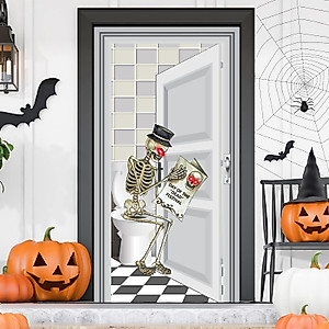 Tatuo Skeleton Door Decorations Skeleton Door Cover Halloween Bathroom Backdrop Background Halloween Indoor Decoration Party Supplies, 30 x 60 Inches