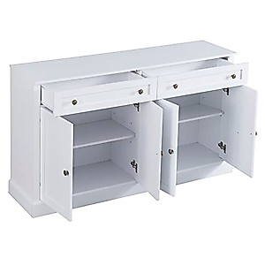 60“ Large Storage Cabinet Buffet Sideboard with 2 Drawers & 4 Doors, Wood Console Table Entryway Cupboard with Adjustable Shelves, Kitchen Dining Room Living Room Furniture Organizer (White-4)