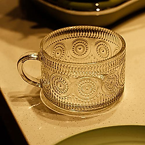 LUXU Vintage Glass Coffee Mugs 14oz Set of 4 Clear Glass Tea Cups,Stackable Glass Coffee Cups,Cute Coffee Bar Accessories,Iced Coffee Glasses,Clear Embossed Glass Cups for Cappuccino,Latte,Beverages