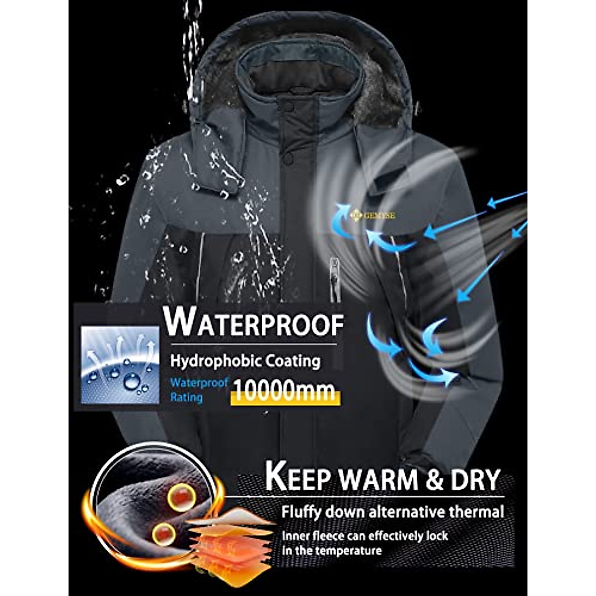 GEMYSE Men's Mountain Waterproof Ski Snow Jacket Winter Windproof Rain Jacket (Black,Medium)