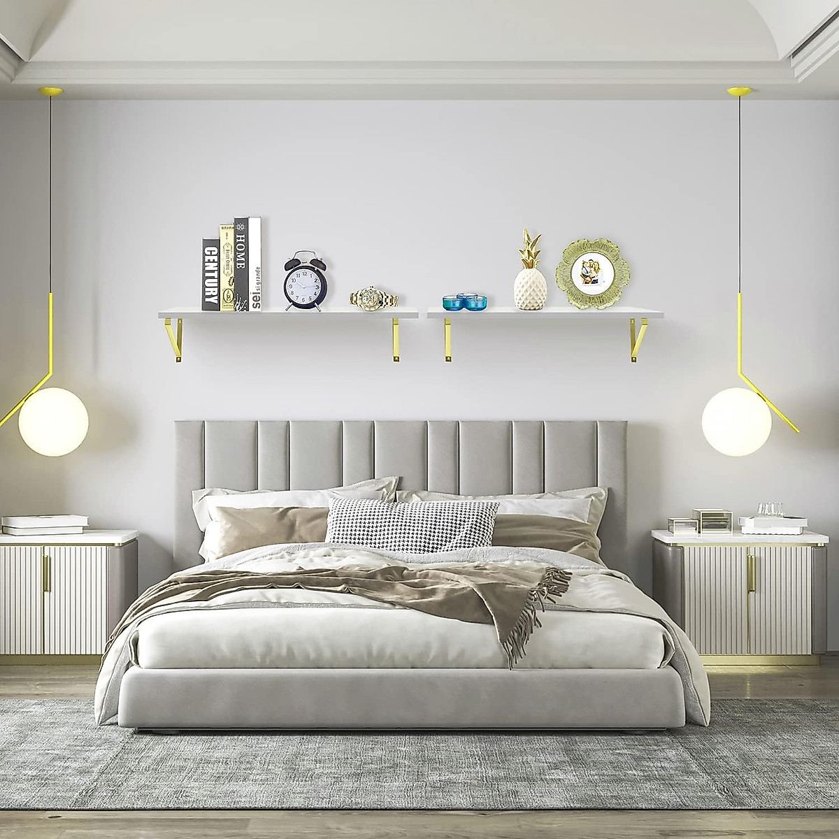 White Gold Shelves Pine Wood 23.5×7.87 Inch White Gold Floating Shelf with Elegant Lines,Floating Bookshelf Wall,Deep White and Gold Shelves,White Gold Bookshelf,White Floating Book Shelf Set of 2.