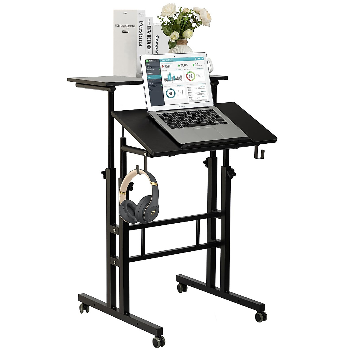SIDUCAL Mobile Stand Up Desk, Adjustable Laptop Desk with Wheels Home Office Workstation, Rolling Desk Laptop Cart for Standing or Sitting, Black