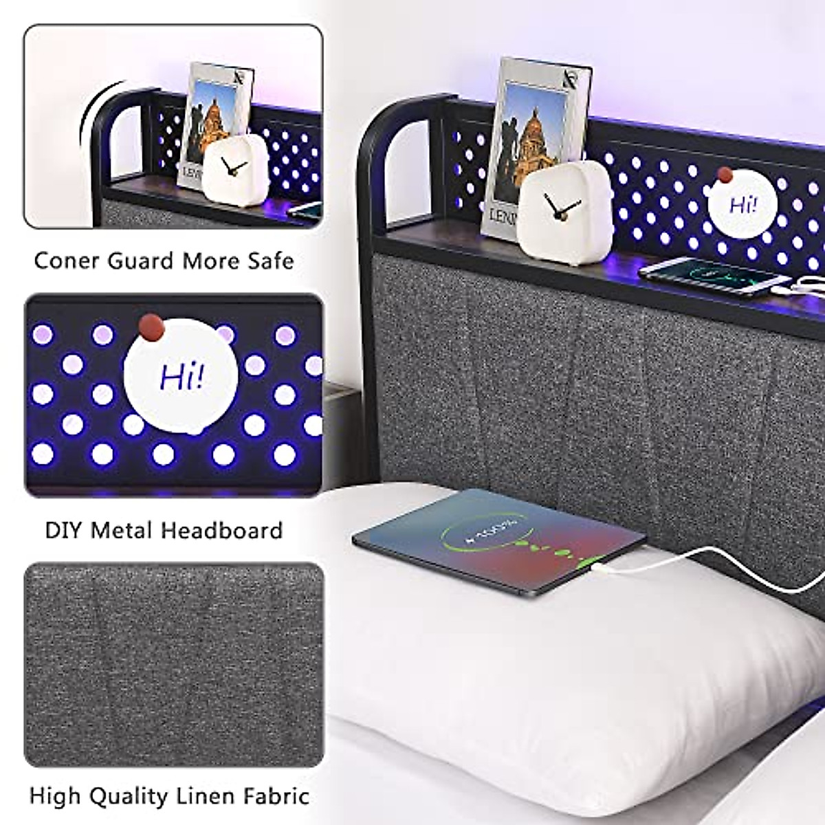 Alohappy Queen Bed Frame with Drawers and RGB Led Lights, Storage Headboard with Charging Station, Metal Platform Bed Frame with Strong Steel Slats Support Easy Assembly No Squeak