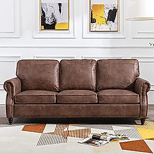 Dreamsir 79'' Traditional Faux Leather Sofa Couch with Nailhead Trim, Classic 3-Seater Sofa with Rolled Arms for Living Room, Bedroom, Apartment, Easy Assembly (Dark Brown)