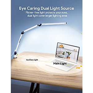 MediAcous LED Desk Lamp with Clamp, Dual Light Desk Lamp with Swing Arm, Dimmable 4 Color Modes & 4 Brightness Table Lamp, Eye-Caring Clip-on Lamp with Memory Function for Home Office, White