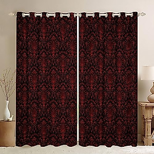 Gothic Red Damask Blackout Curtains For Bedroom 52"Wx63"L Boho Baroque Medallion Window Curtains Bohemian Paisley Floral Curtains & Drapes Vintage Oriental Antique Window Treatments 2 Panels Black