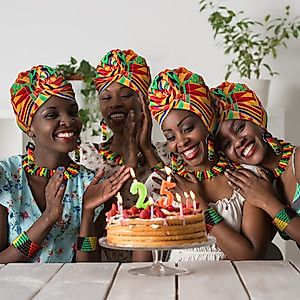 Yinkin Women&#039;s 5 Pcs African Jewelry Set: 1pcs Kente Print Headwrap, 1pair Earrings, 2pcs Beaded Bracelets (Stretch), 1pcs Necklace (Rustic, Multicolor)