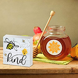 Jetec 2 Pieces Bee Happy Sign Decor Summer Wood Block Plaque Buzz Kind Sign Small Talk Table Door Decor, Farmhouse Wreath Attachment for Home Office Decoration