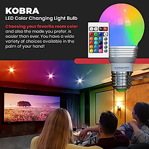 KOBRA LED Color Changing Light Bulb with Remote Control - 16 Different Color Choices Smooth, Fade, Flash or Strobe Mode - Smart Remote Lightbulb - RGB & Multi Colored