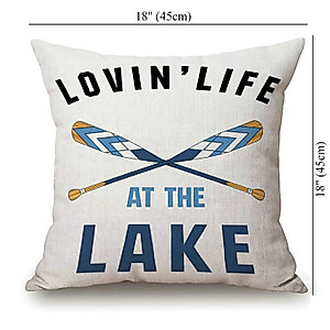 Solekla Black Blue Word Art Quote Loving Life at The Lake Wooden Paddle Oar Summer Decorative Cotton Burlap Linen Throw Pillow Case Cushion Cover Sofa Outdoor Decorative Square 18X18 Inches