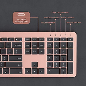seenda Rechargeable Wireless Keyboard Mouse Combo Full Size Cordless Keyboard & Mouse Sets with Build-in Lithium Battery Ultra Thin Quiet Keyboard Mice (Rose Gold & Black)