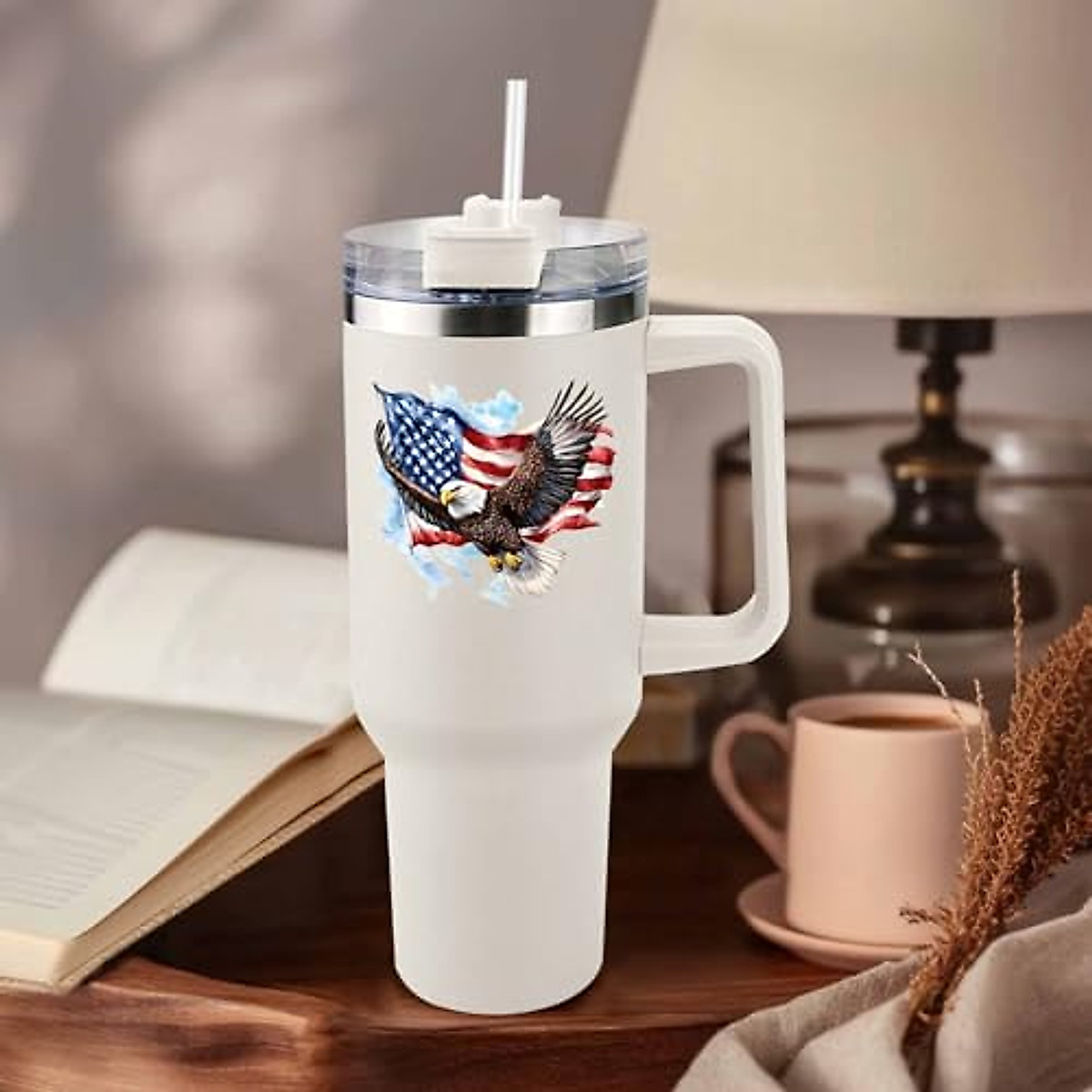 LB LEOBON 40 ounce insulated cup with handle, double-layer vacuum stainless steel material, equipped with straw, can keep warm or maintain cold drinks Eagle American Flag white