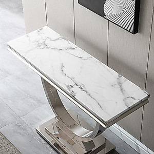 Modern Marble Console Table, Rectangular White and Silver Marble Sofa Table with U-Shape Stainless Steel Base with Silver Mirrored Finish for Living Room, Simple Assembly (Silver2)