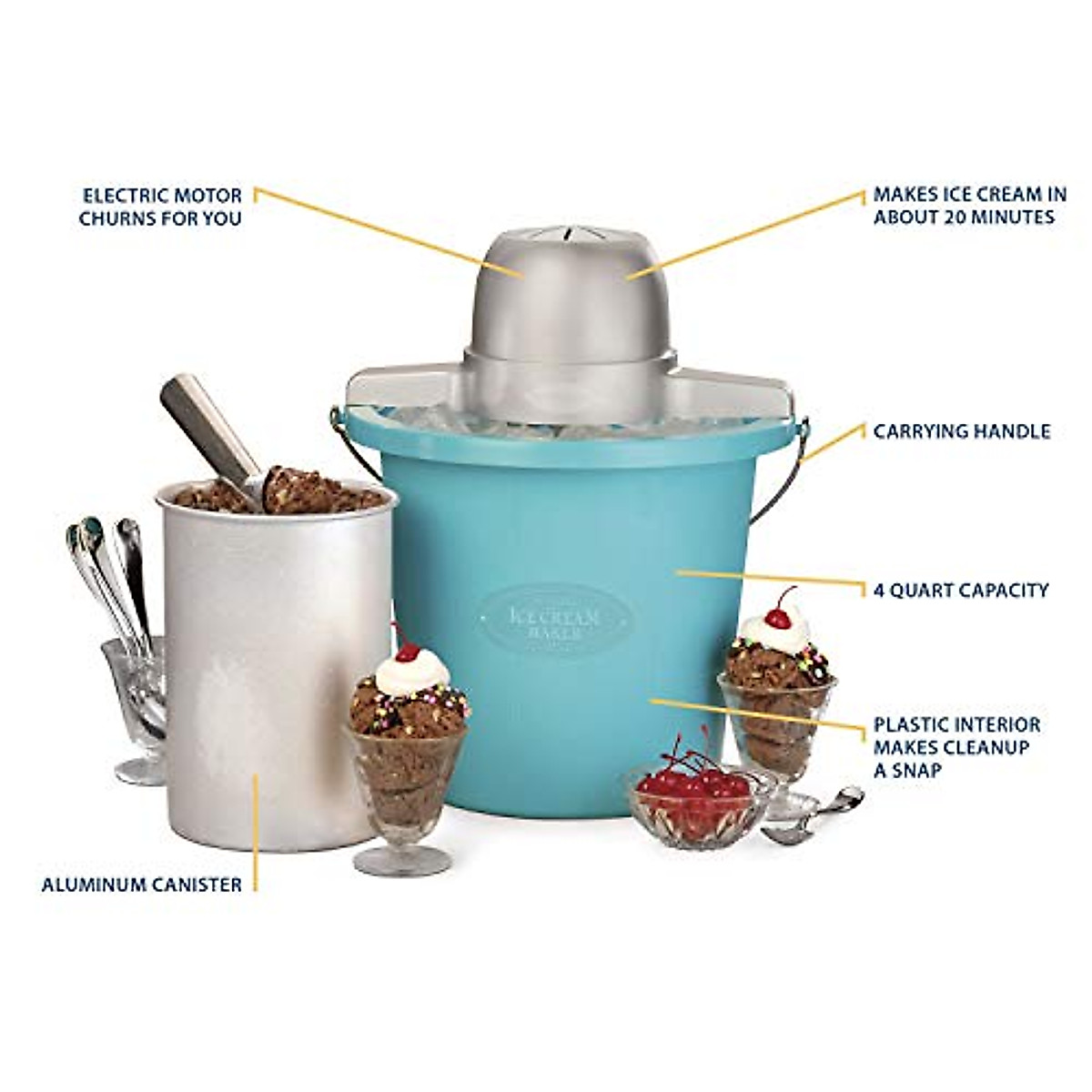 Nostalgia PICM4BG Electric Maker with Easy-Carry Handle Makes 4-Quarts of Ice Cream, Frozen Yogurt or Gelato in Minutes – Blue