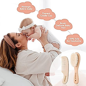haakaa Baby Hair Brush and Comb Set for Newborns & Toddlers - Natural Soft Goat Bristles and Wooden Handle, Gently Grooms Baby's Hair, Ideal for Cradle Cap, Perfect Baby Gift, 2pk