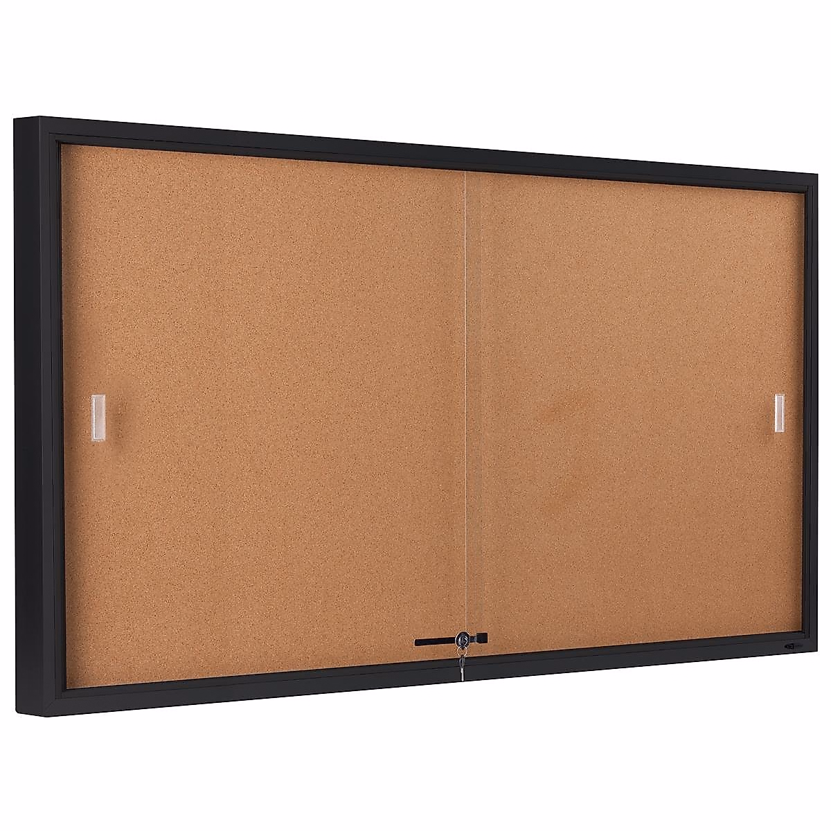 Enclosed Sliding Door Cork Bulletin Board, 5 x 3 Feet, Self-healing Corkboard Display Surface, 60" x 36" Notice Board for Wall Mount with Included Mounting Hardware, Black, Aluminum Frame