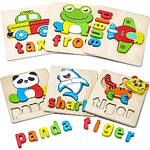 Wooden Toddlers Puzzles Kids Toys Gifts for 1 2 3 Year Old Boys Girls,6 Pack Animal Shape Jigsaw Puzzles Montessori Educational Toys with Alphabet Spelling Stem Travel Toy for Kids Ages 1-3