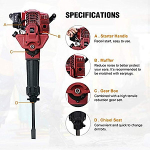 1700W Heavy Duty Demolition Jack Hammer with Pointed Chisel&Flat Chisel, 2-Stroke Gas Powered Demolition Jack Hammer Concrete Breaker 52CC Demolition Hammer Chisel 1.2L Concrete Breaker Hammer