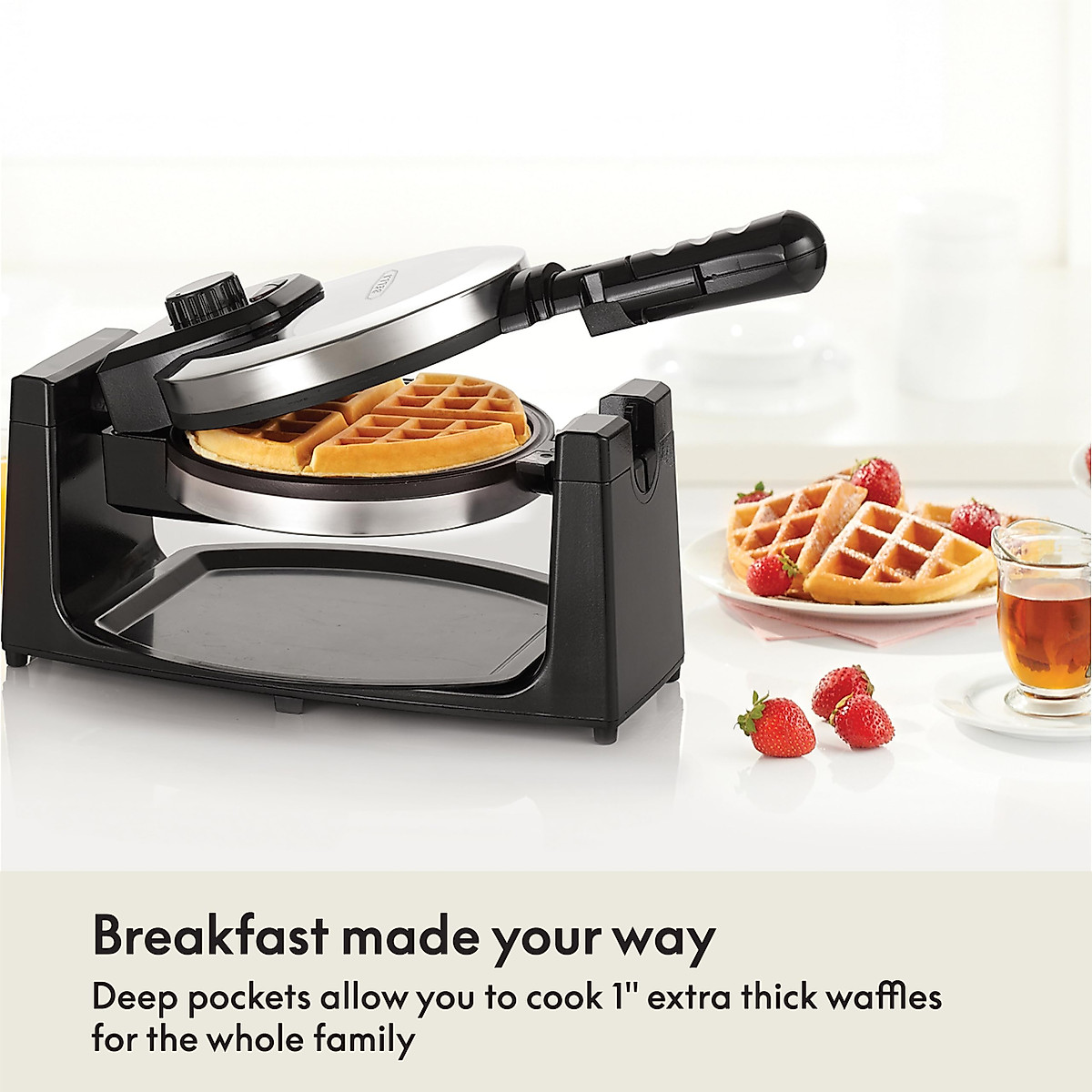 BELLA Classic Rotating Non-Stick Belgian Waffle Maker, Perfect 1" Thick Waffles, PFOA Free Non Stick Coating & Removeable Drip Tray for Easy Clean Up, Browning Control, Stainless Steel